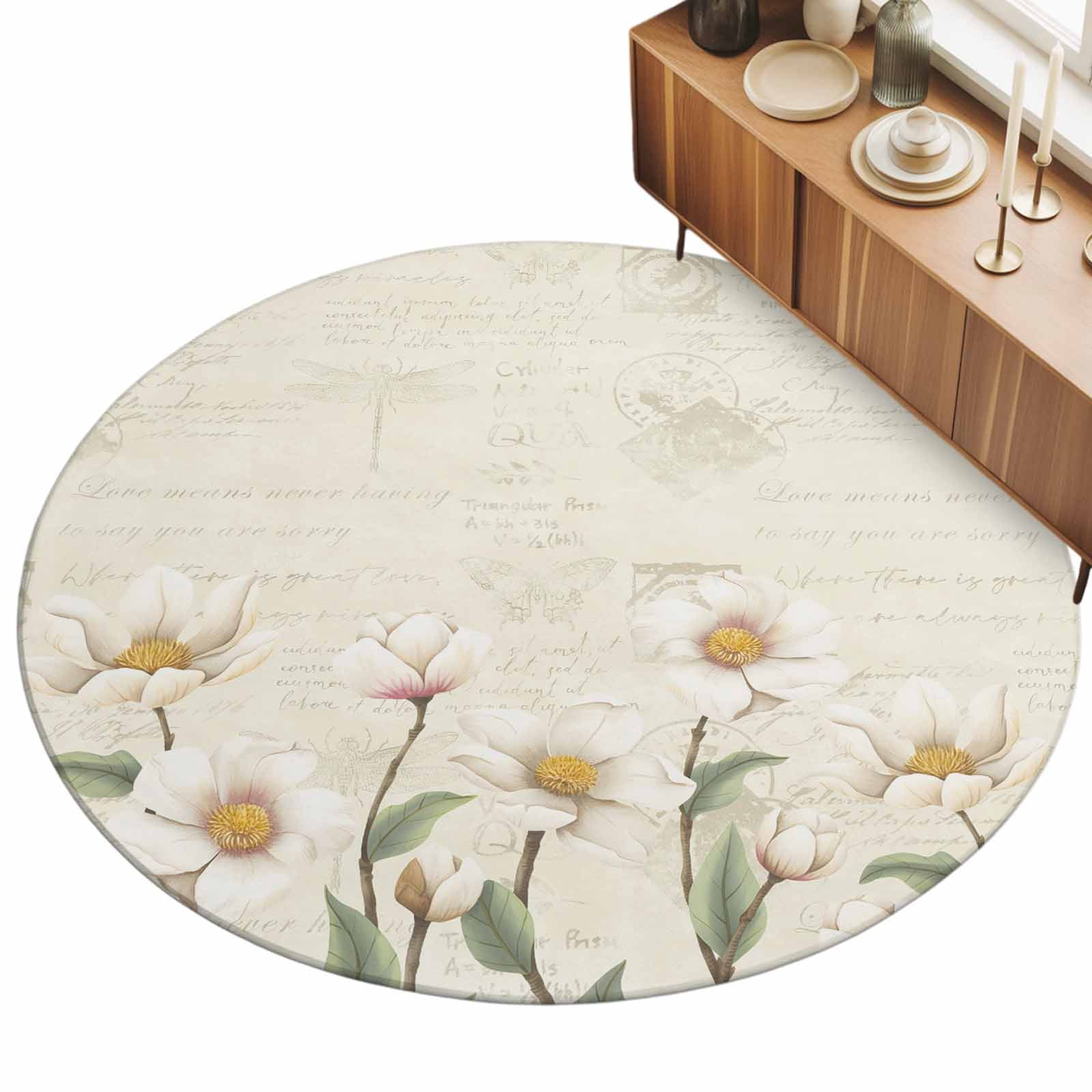 6ft Round Rug White Floral Area Rugs for Living Room Bedroom Washable ...