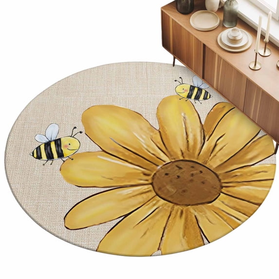 6ft Round Rug Yellow Daisy Rustic Area Rugs for Living Room Bedroom ...