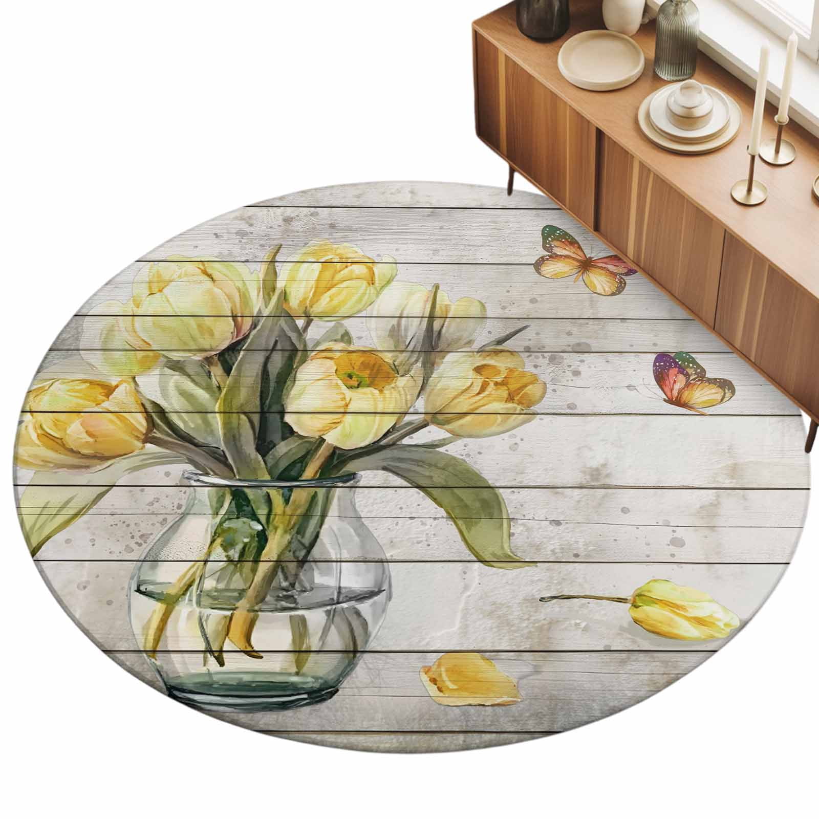 6ft Round Rug Yellow Tulip Area Rugs for Living Room Bedroom Washable ...