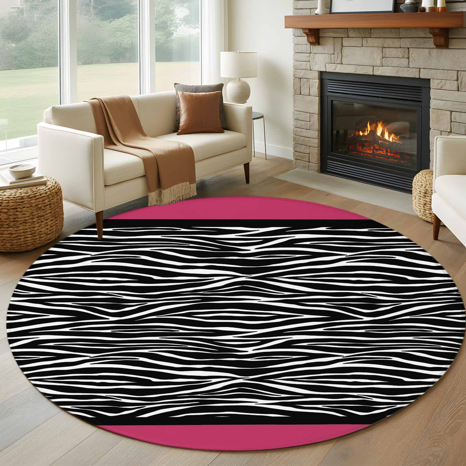 6ft Round Rug, Zebra Printed Non-Skid Rubber Backing Large Area Rugs ...