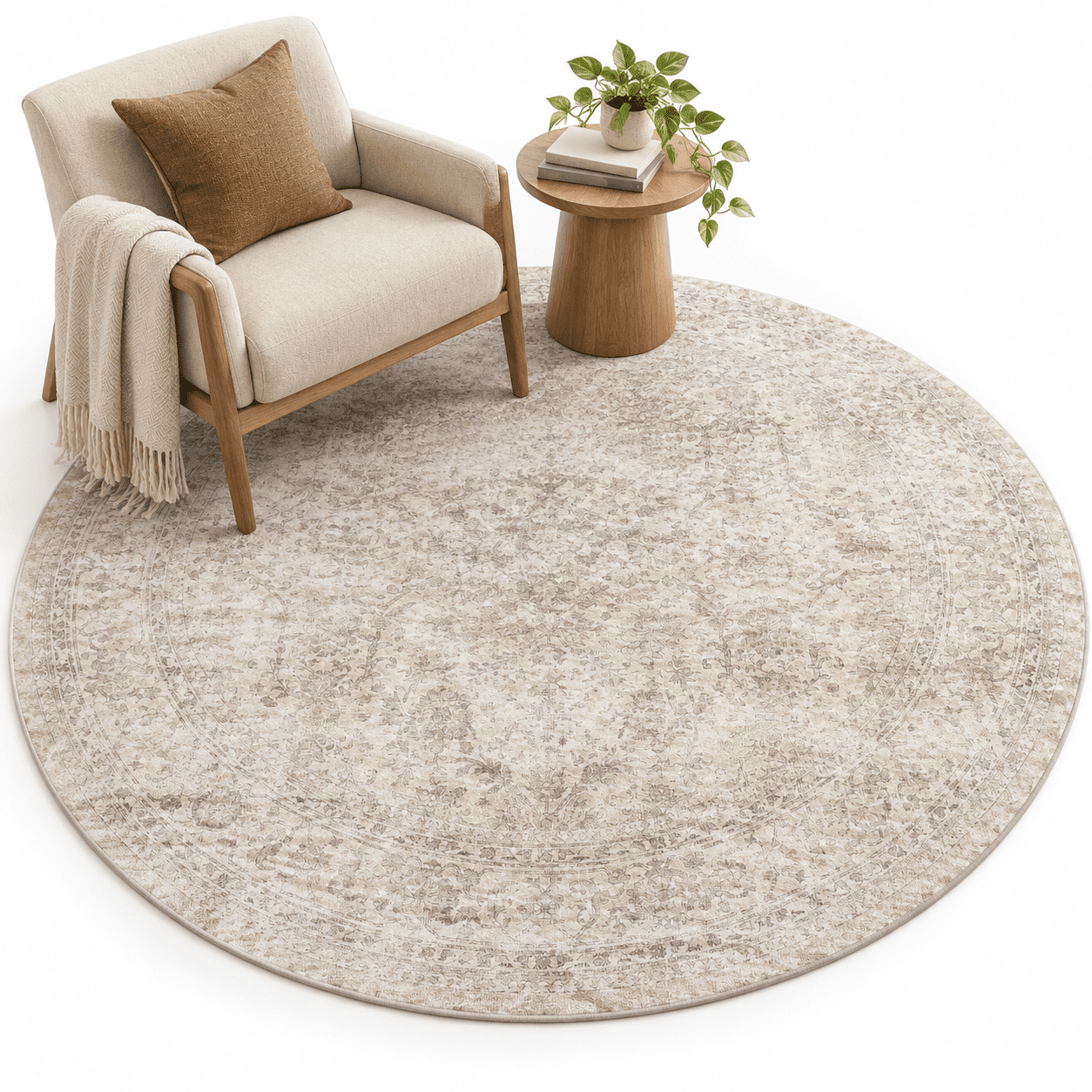 6ft Round Washable Beige Neutral Vintarea Rug For Living Room - Walmart.com