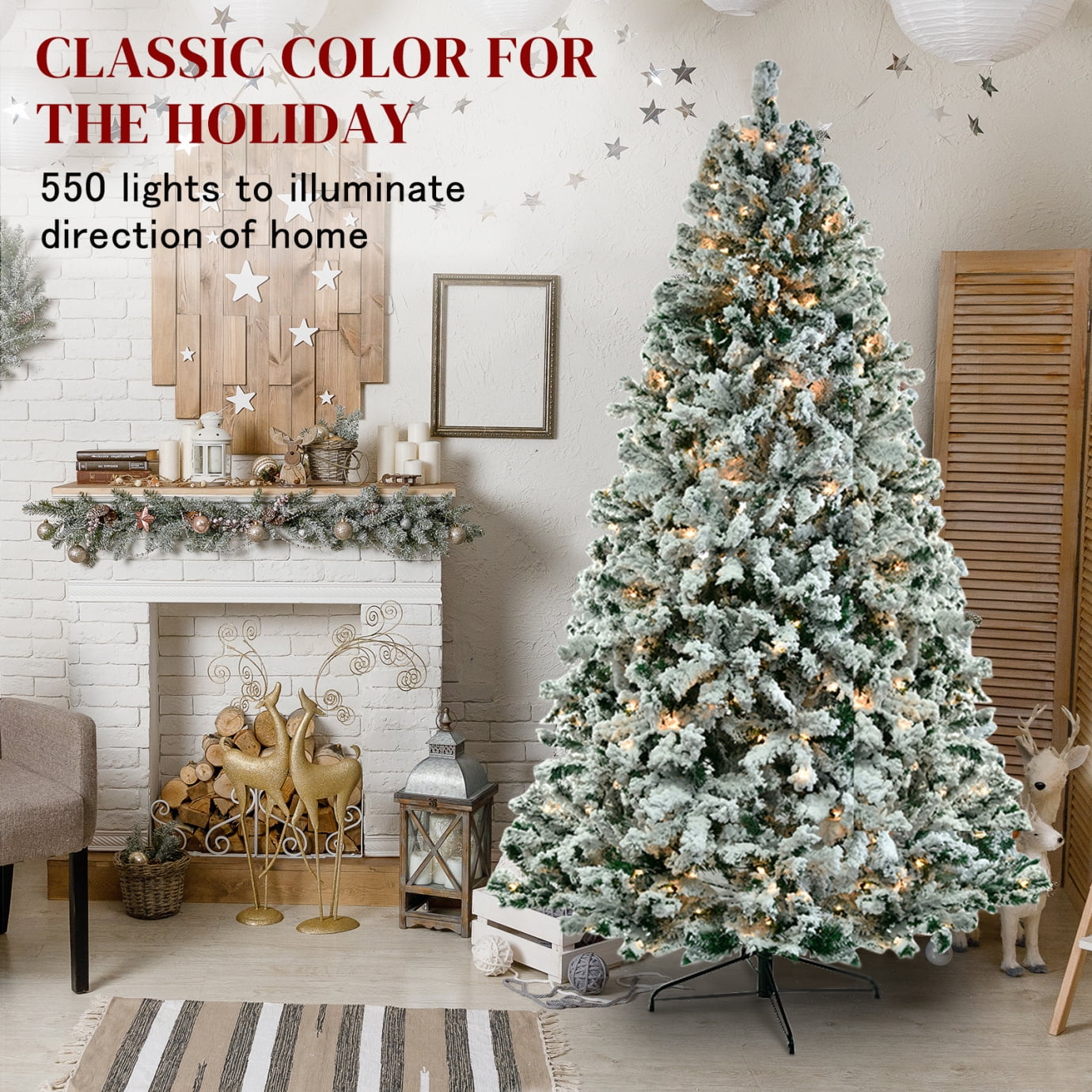 6ft Snow Flocked Christmas Tree with 1202 Branches, Pre-lit Artificial ...