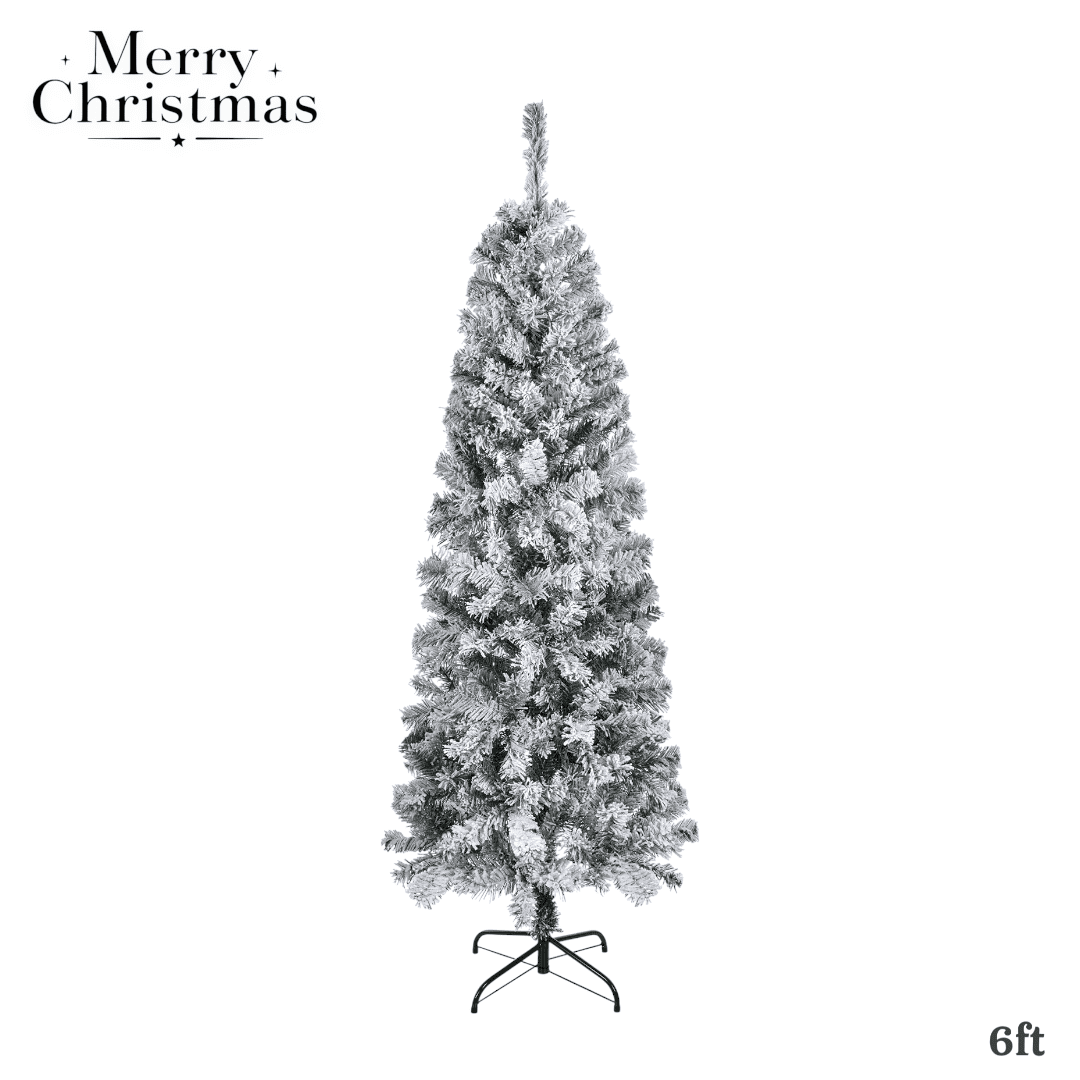 6ft Snow-Flocked Pencil Christmas Tree – Slim Artificial Xmas Tree for ...