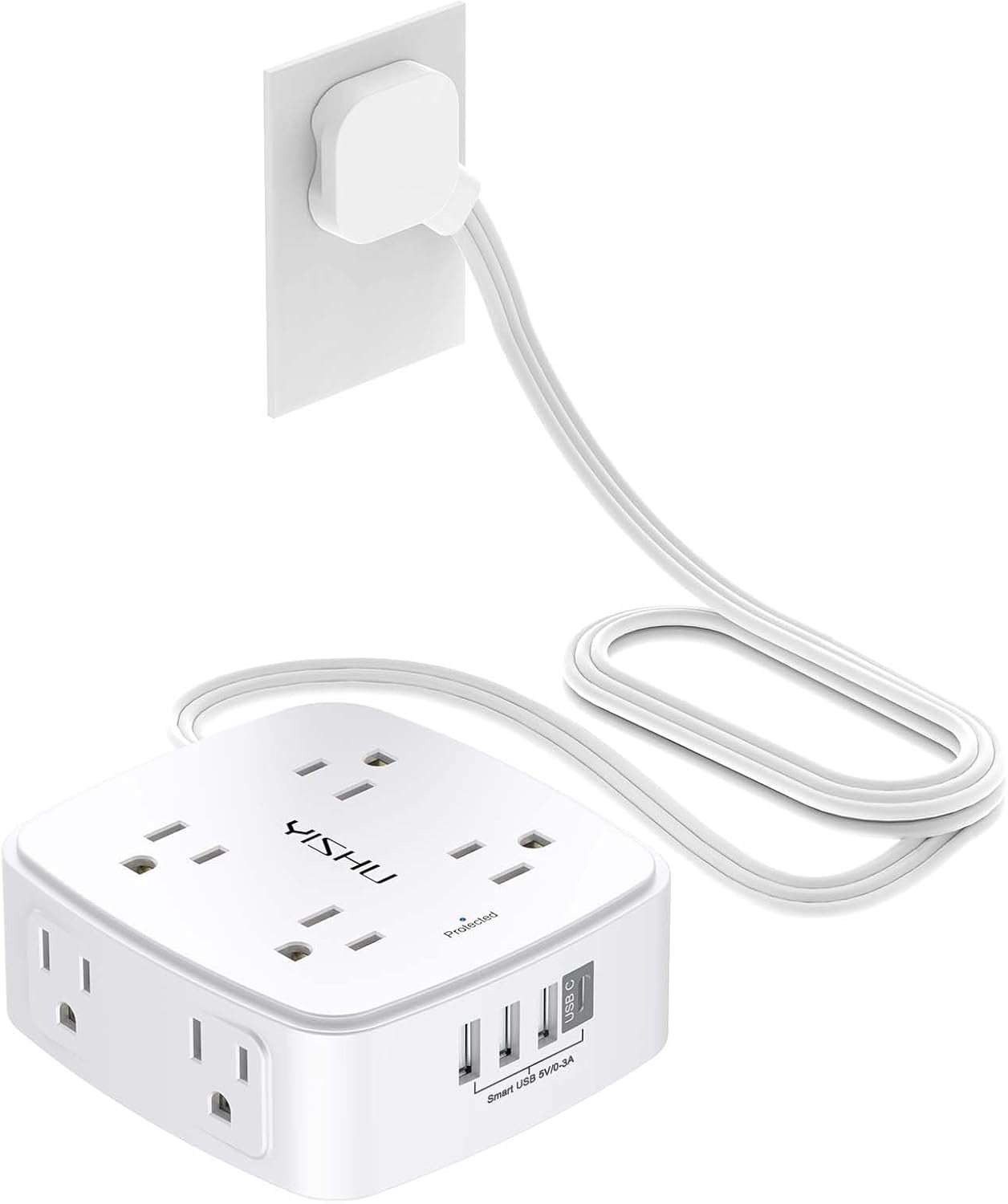 6ft Surge Protector Power Strip, Flat Plug, Wall Mount, 8 Outlets 4 USB ...