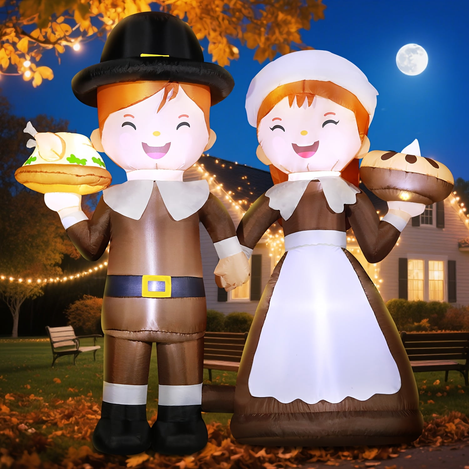 6ft Tall LED Lighted Inflatable Pilgrim Boy And Girl Thanksgiving ...