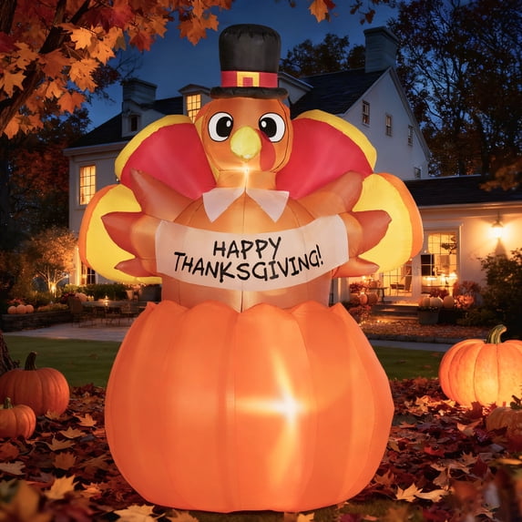 Joyfy 6FT Thanksgiving Inflatable Turkey on Pumpkin Outdoor Decorations ...
