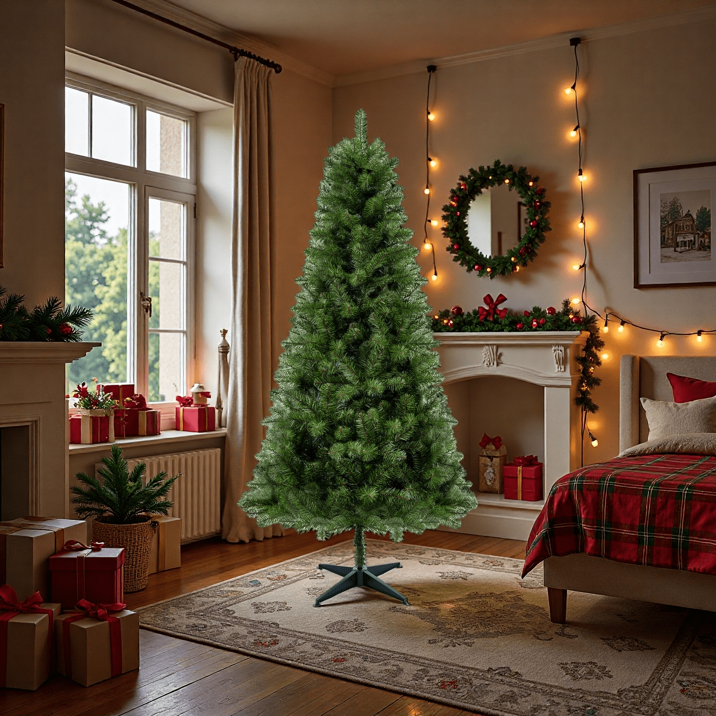 6ft Unlit Christmas Tree, 490 Tip Artificial Tree with 4-Leg Stand ...