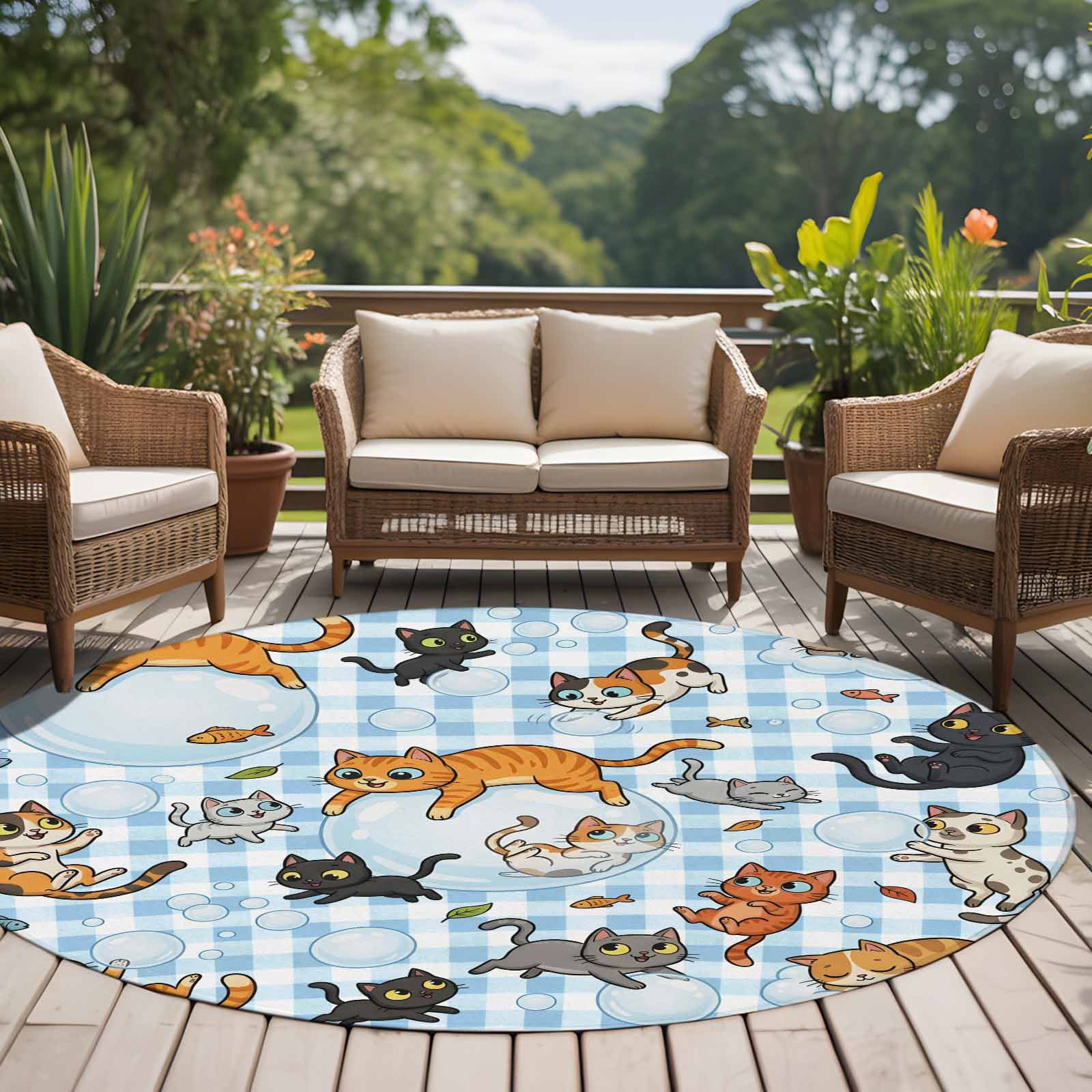 6ft Washable Round Rug, Cute Cats Non-Slip Circle Area Rug for Living ...