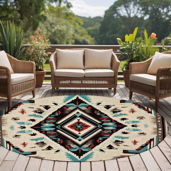 6ft Washable Round Rug, Ethnic Style Pattern Non-Slip Circle Area Rug ...