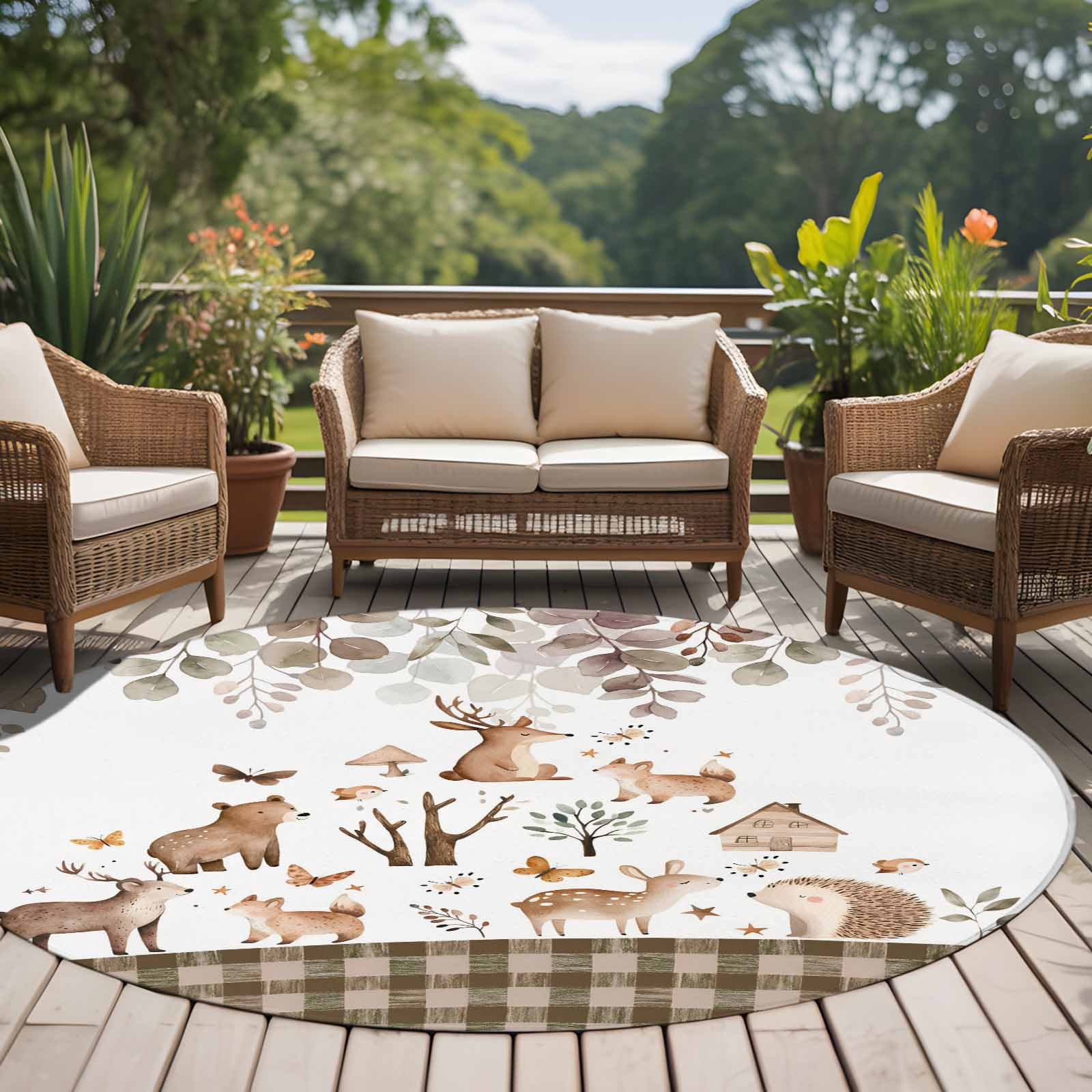 6ft Washable Round Rug, Forest Animal Non-Slip Circle Area Rug for ...