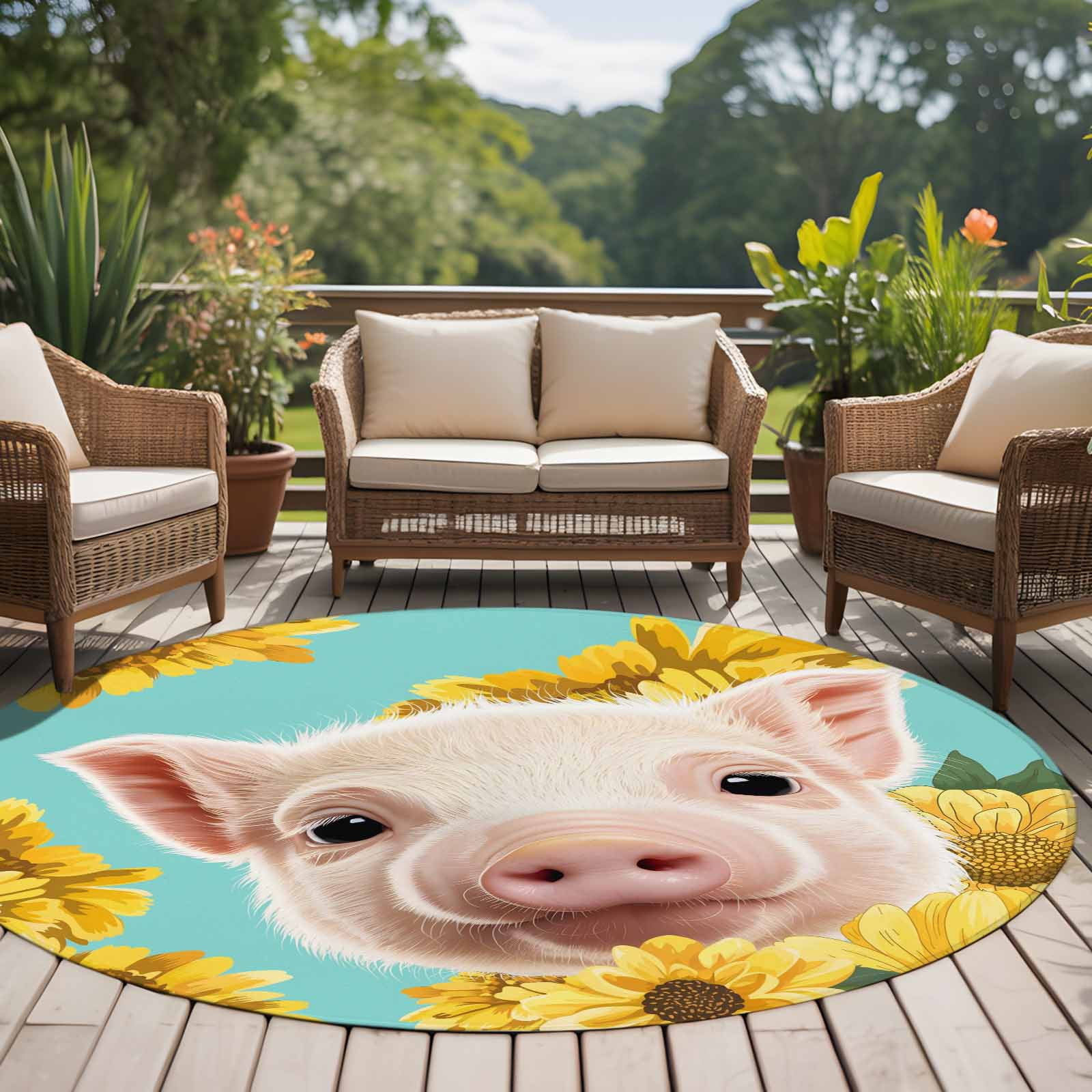 6ft Washable Round Rug, Funny Cute Pig Non-Slip Circle Area Rug for ...