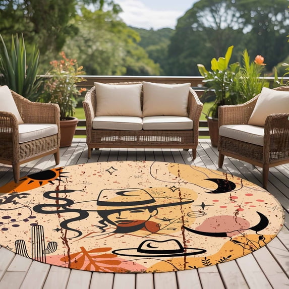 6ft Washable Round Rug, Western Cowboy Non-Slip Circle Area Rug for ...