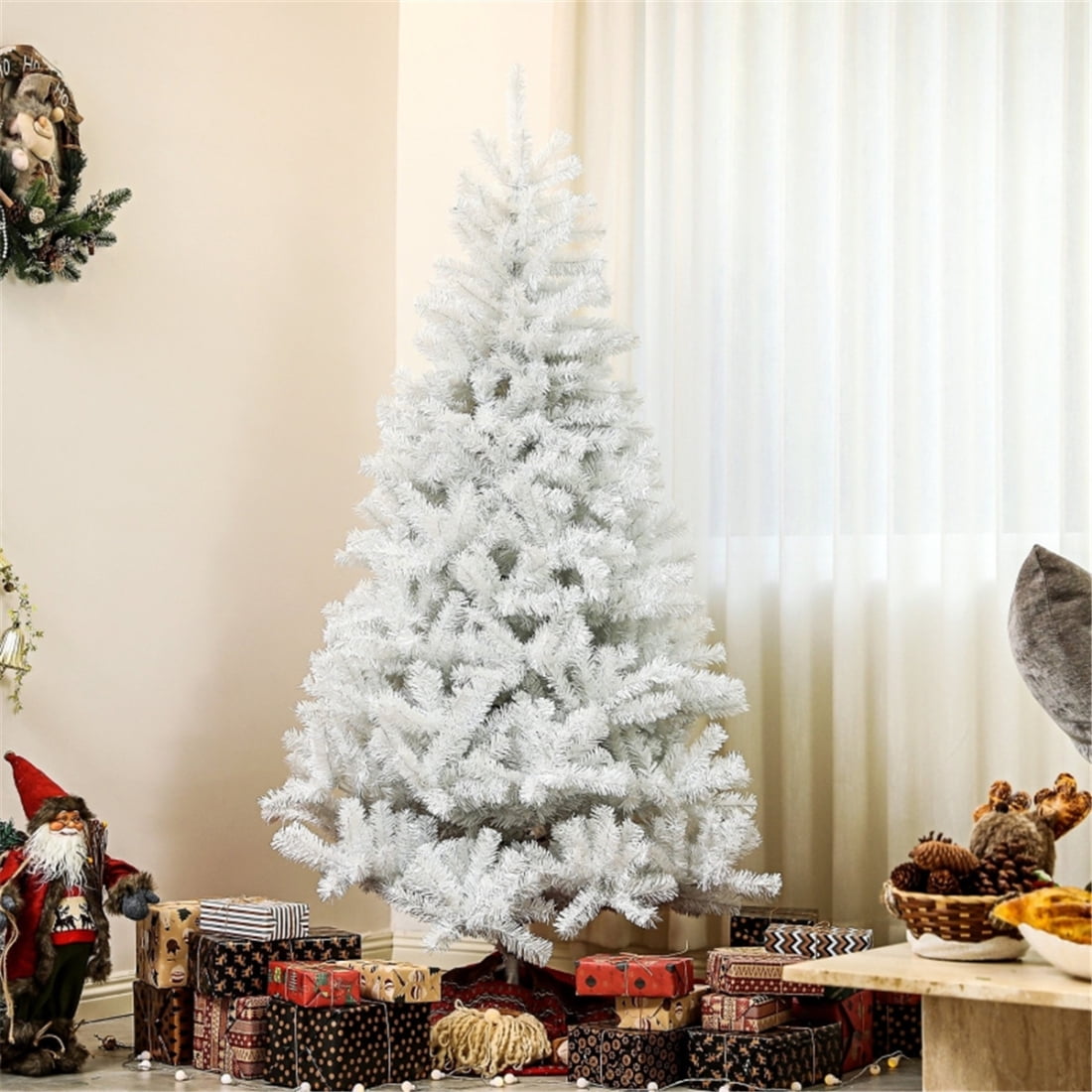 6ft White Christmas Tree, Unlit Artificial Christmas Pine Tree with ...