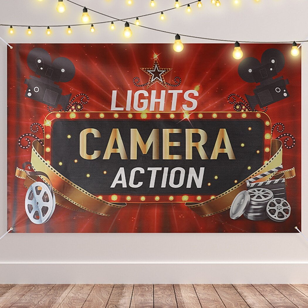 Coofit Movie Night Backdrop, 6ft x 4ft Polyester Lights Camera Action Banner, Photography ...