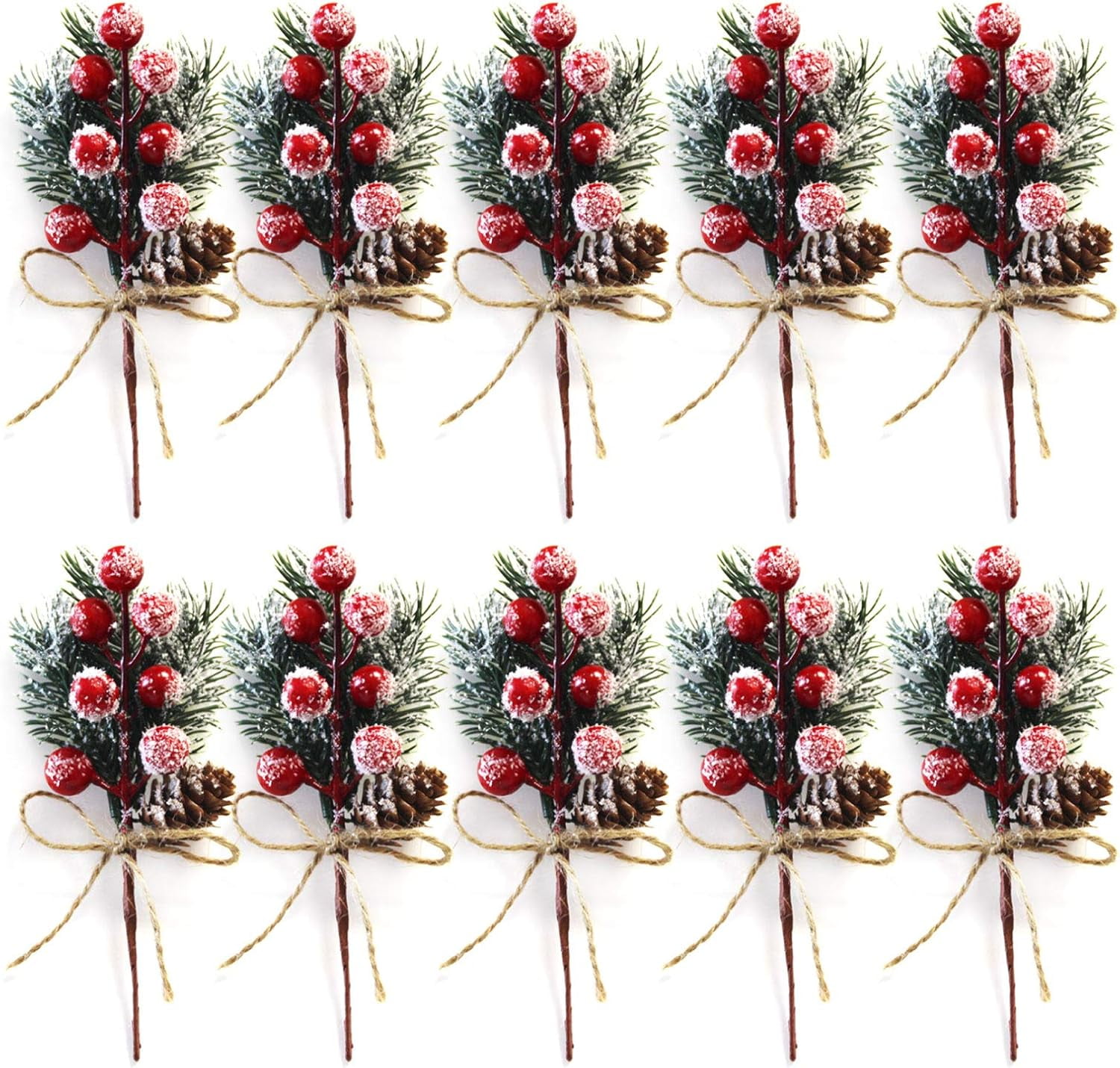 6inch Artificial Pine Picks Pack of 10, Flocked Holly Christmas Red ...