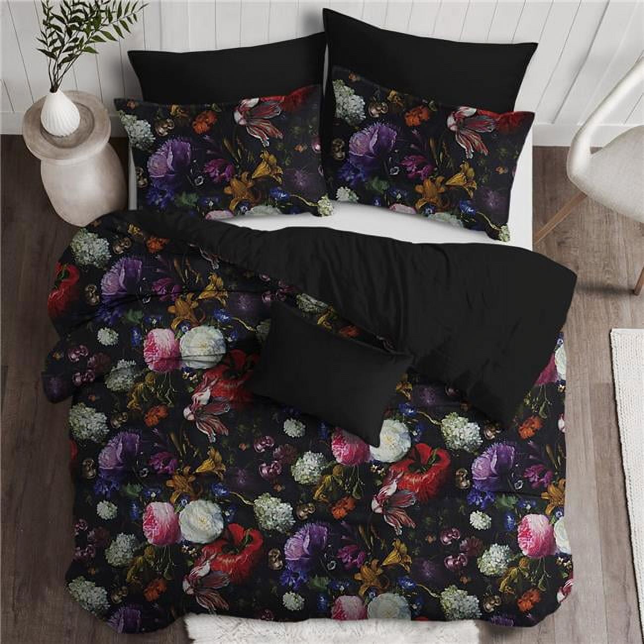 6ix Tailors Crystals Bouquet Duvet Cover & 2 Pillow Shams Set, Black & Floral - King Size - 3 ...