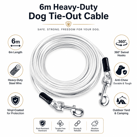 6m Heavy‑Duty Dog Tie‑Out Cable, Vinyl‑Coated Steel Wire Dog Tether ...