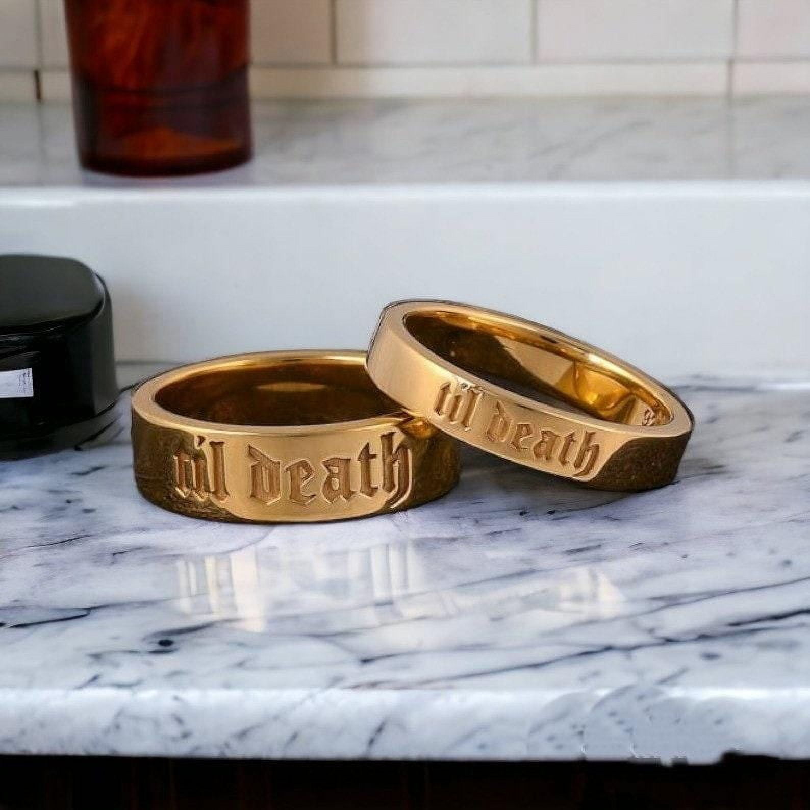 6mm & 4mm Wide Til Death 14k gold plated Band Ring, Pair Set of Til ...