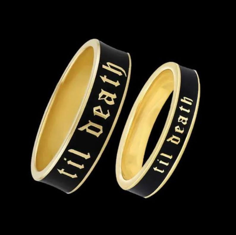 6mm & 4mm Wide Til Death Black Enamel Band Ring, Pair Set of Til Death ...