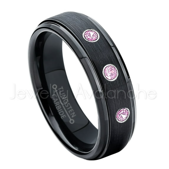 6mm Brushed Black Tungsten Ring - 0.21ctw Pink Tourmaline 3-stone Band ...