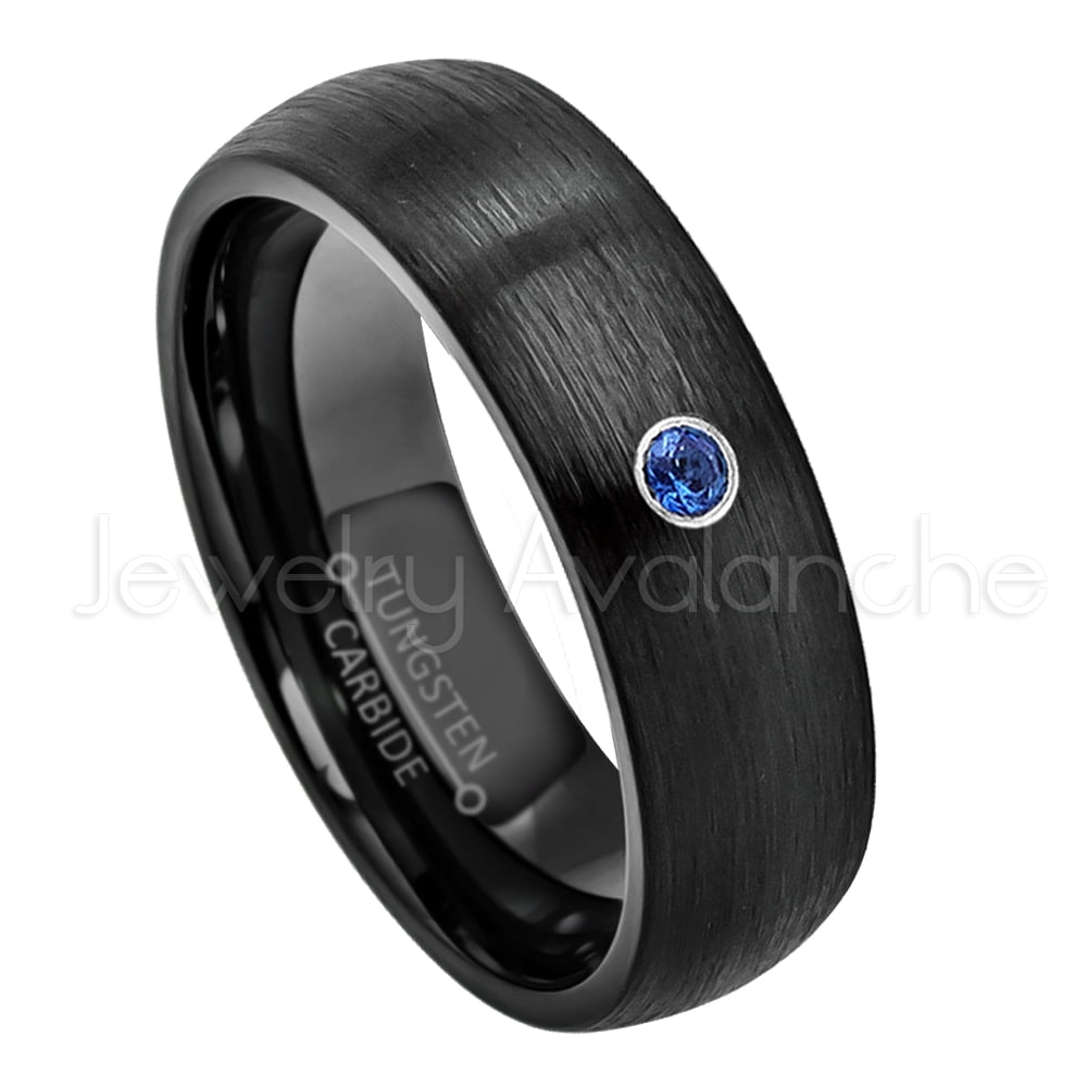6mm Brushed Dome Black Tungsten Ring - 0.07ct Solitaire Blue Sapphire ...