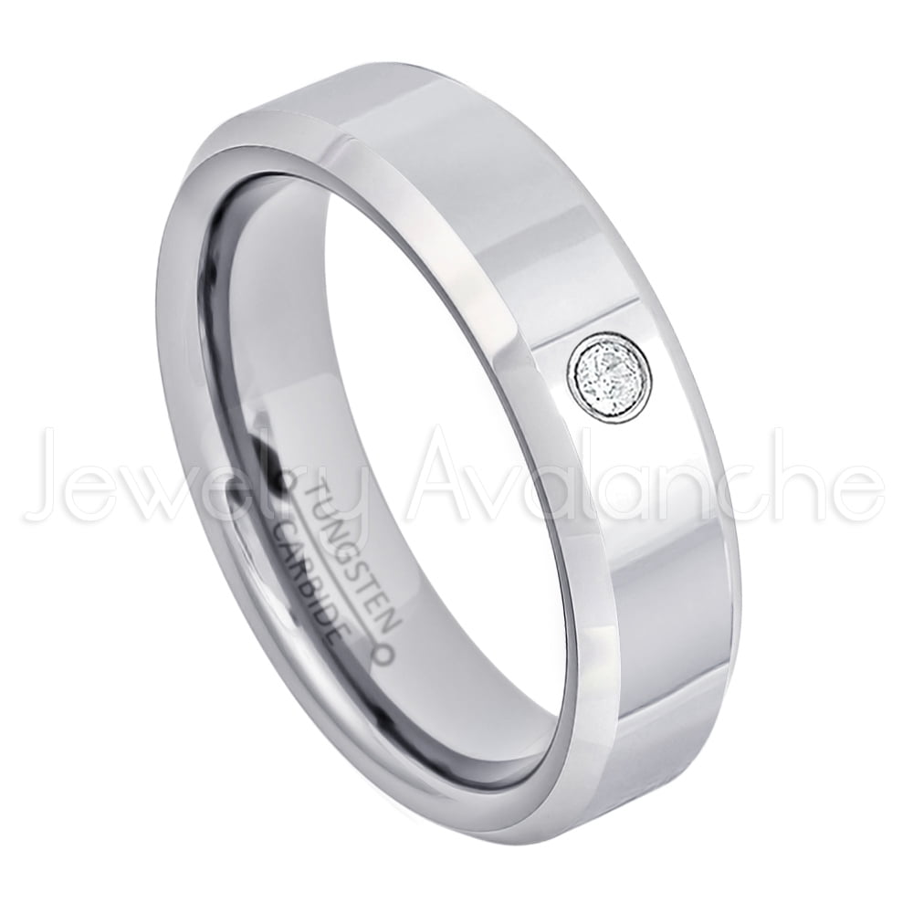 6mm Ladies Polished Beveled Tungsten Ring - 0.07ct Solitaire Diamond ...