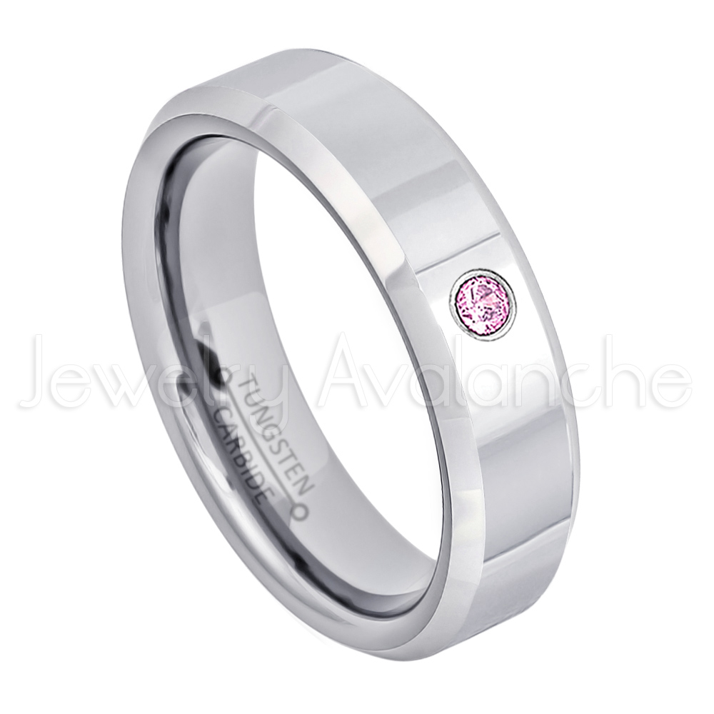 6mm Ladies Polished Beveled Tungsten Ring - 0.07ct Solitaire Pink ...