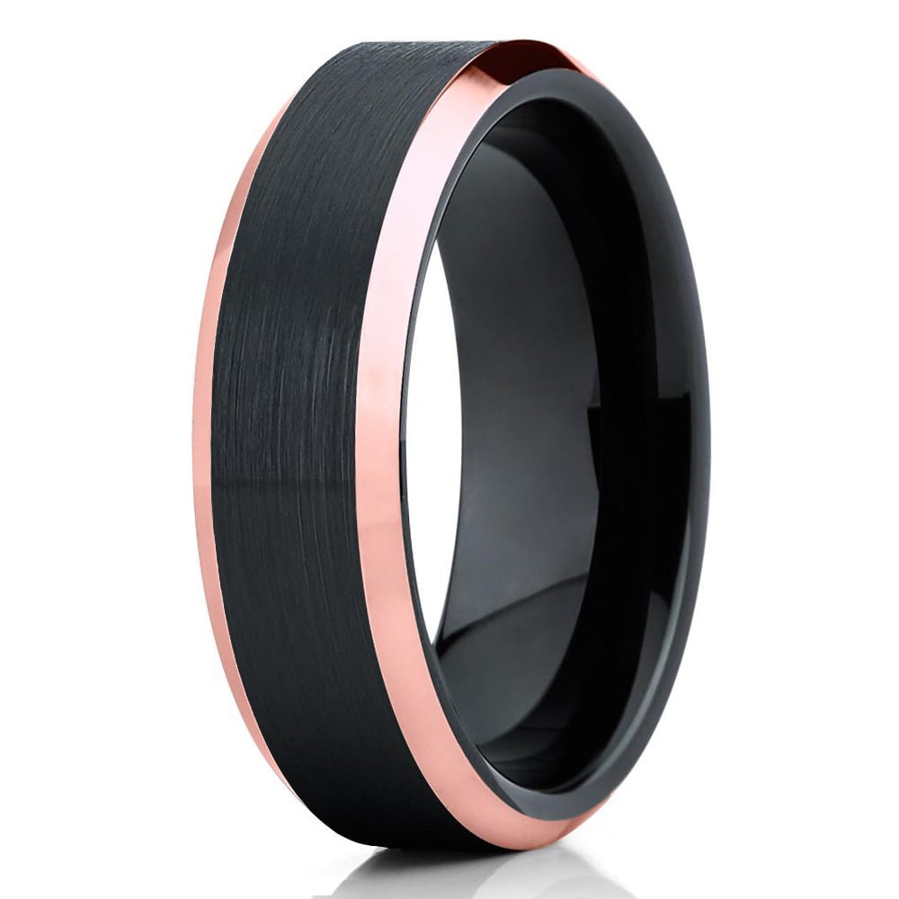 6mm Rose Gold Tungsten Carbide Wedding Ring Beveled Edge Black Brushed Finish Unisex Band 10 ...