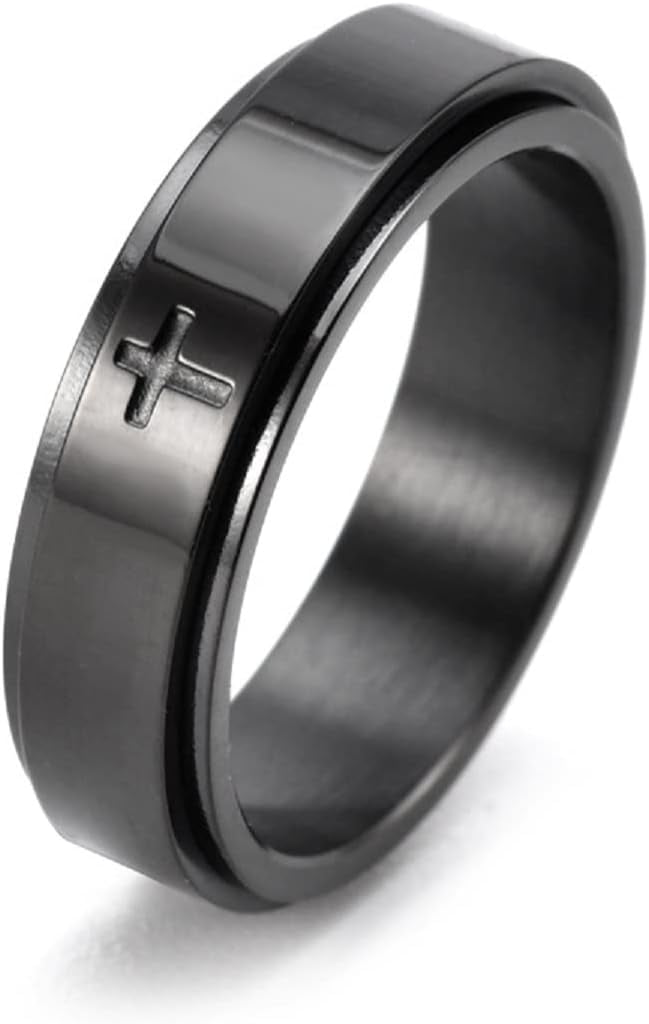 6mm Stainless Steel Cross Spinner Band Ring Stress Relief Christian ...