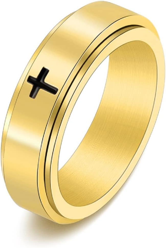 6mm Stainless Steel Cross Spinner Band Ring Stress Relief Christian ...