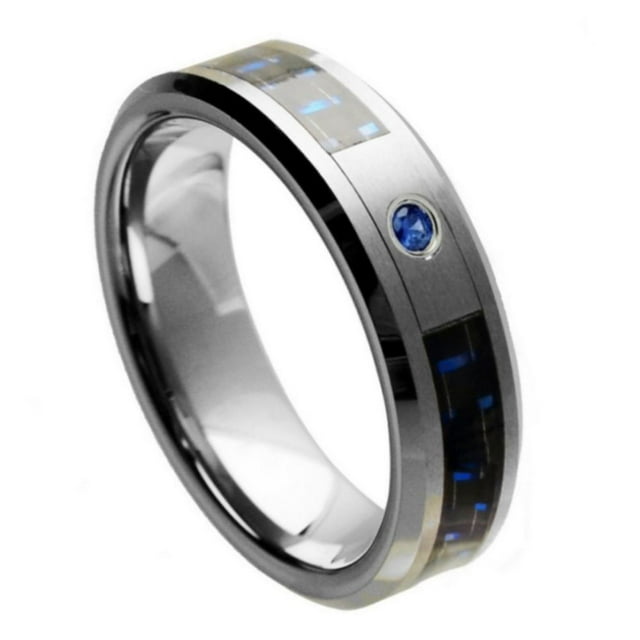 6mm Tungsten Carbide Black & Blue Carbon Fiber Inlay Wedding band Ring for Men and Ladies ...