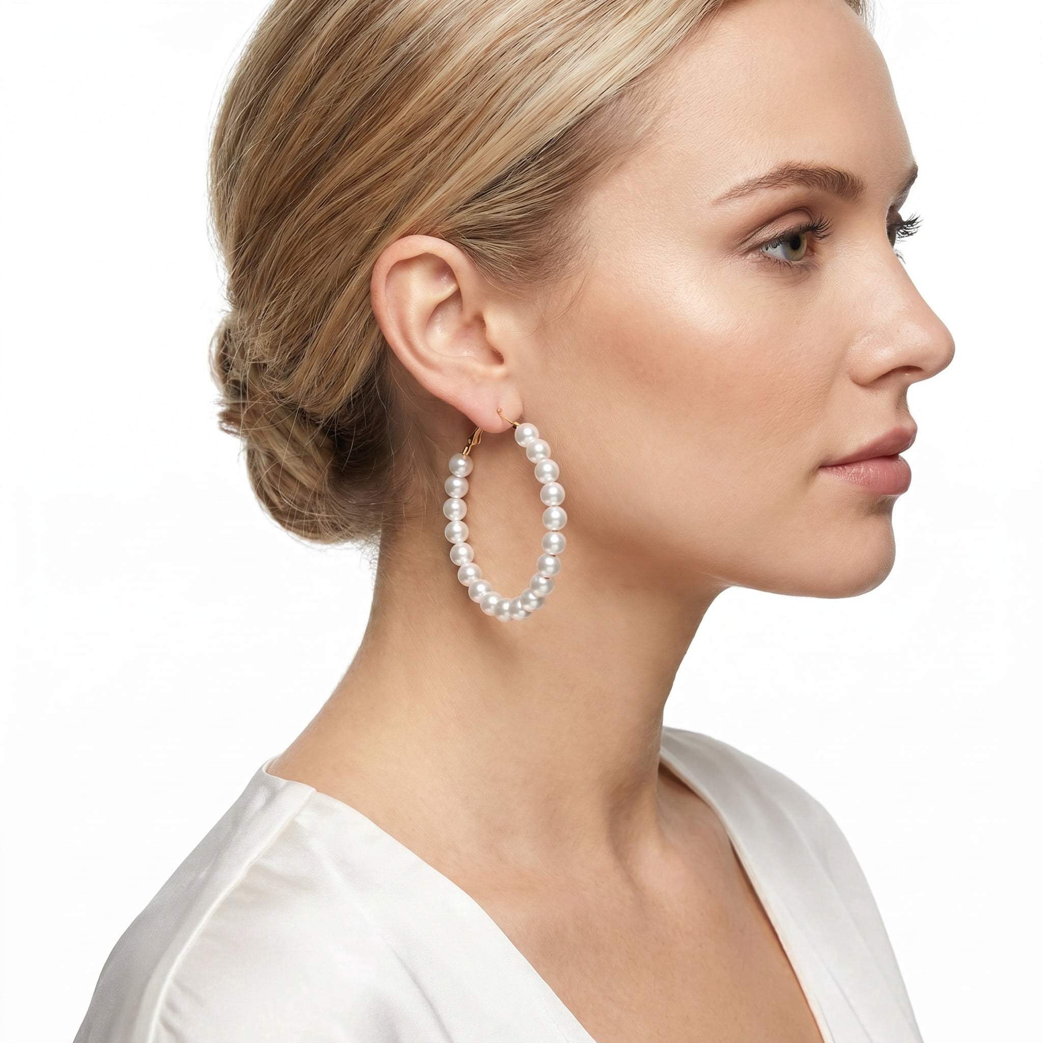 6mm White Faux Pearl Hoop Earrings for Women, 55mm Large Pearl Dangle ...