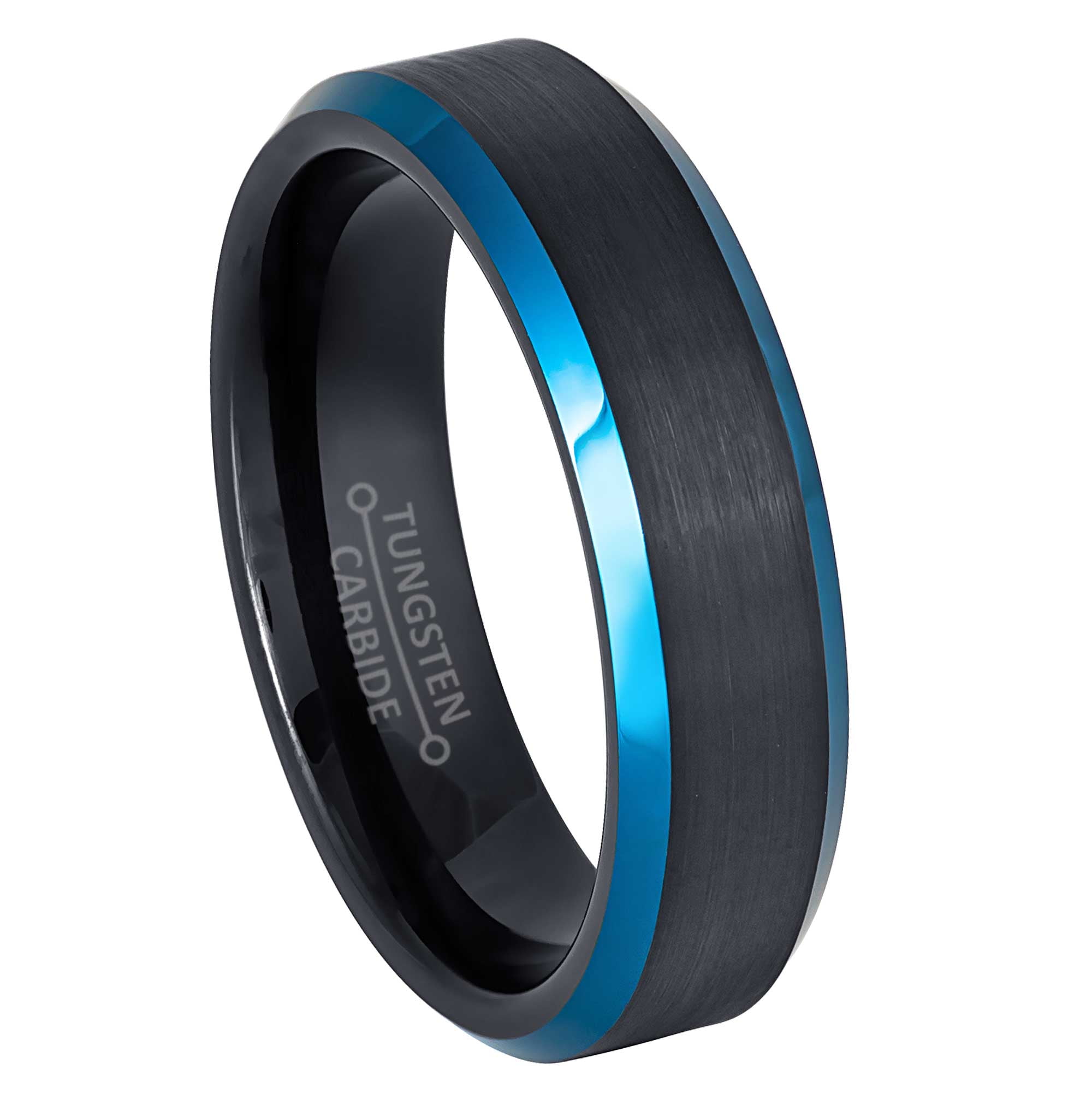 6mm Womens Black Tungsten Wedding Band, Brushed Finish Blue Beveled ...