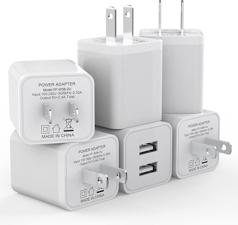 6pack 2.4A dual USB port cube power plug adapter, fast wall charger ...