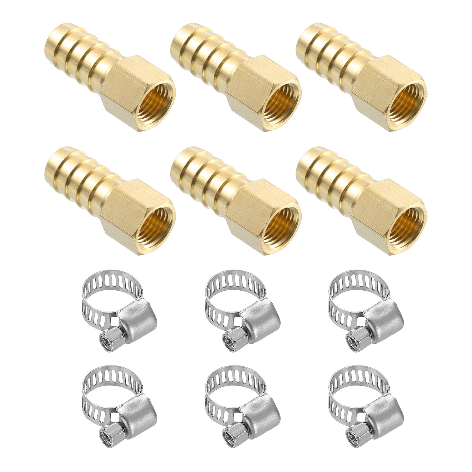 6pack Brass Barb Fittings, 1/2" Barb x 1/4" NPT Female with Clamps for ...