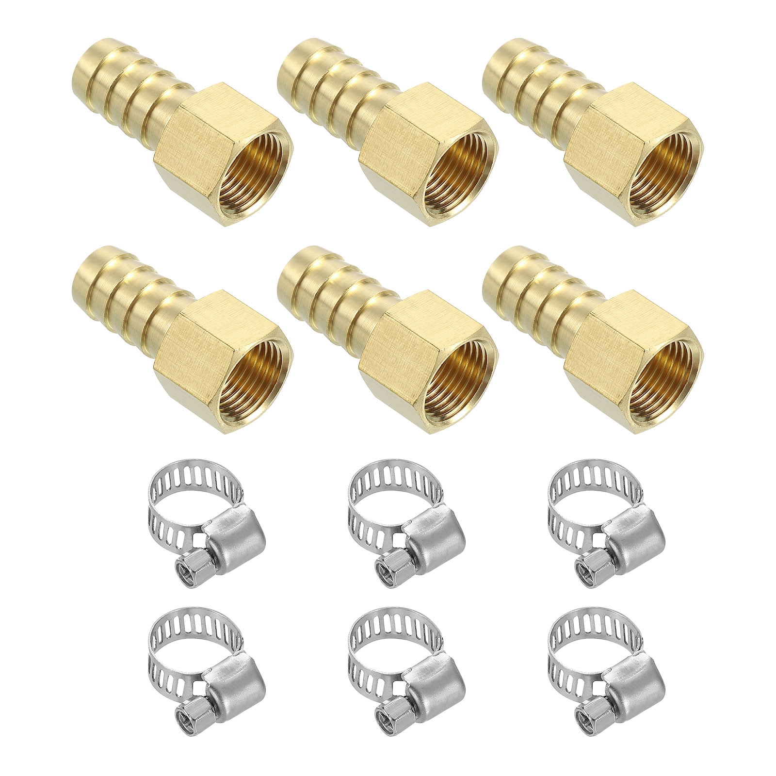 6pack Brass Barb Fittings, 1/2" Barb x 3/8" NPT Female with Clamps for ...
