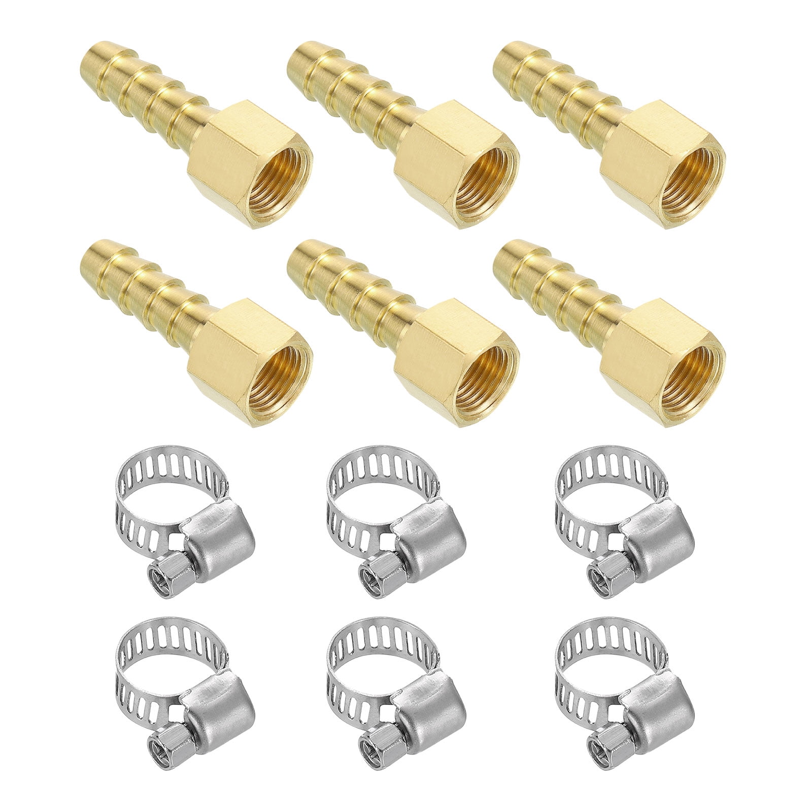 6pack Brass Barb Fittings, 1/4" Barb x 1/8" NPT Female with Clamps for ...