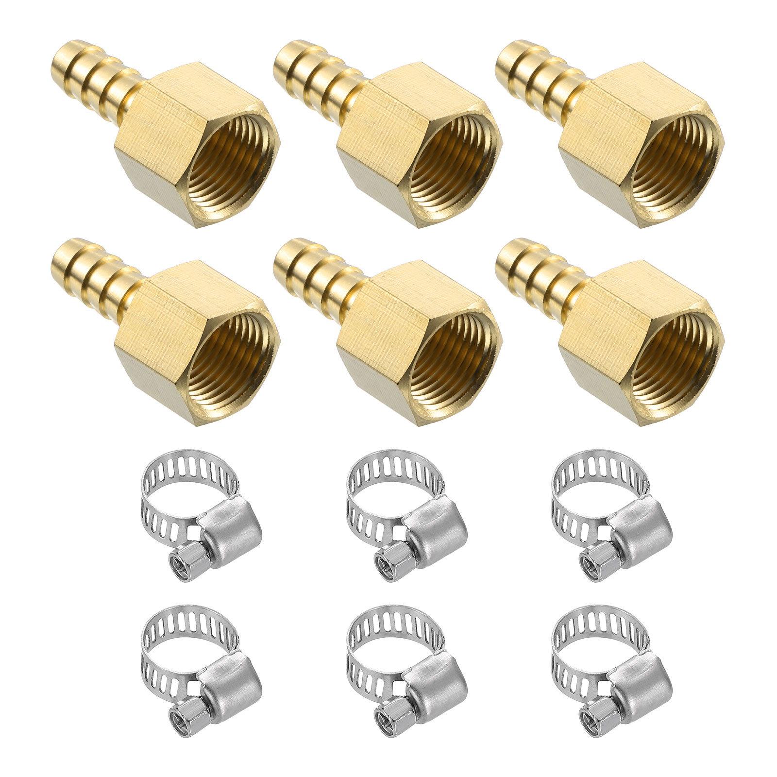 6pack Brass Barb Fittings, 5/16" Barb x 3/8" NPT Female with 6pack Clamps for Water Fuel Air ...