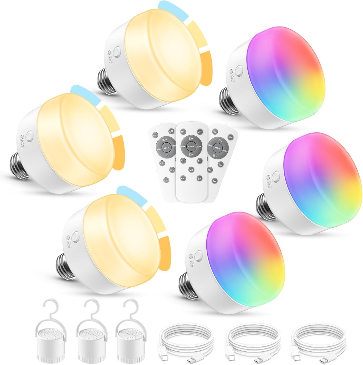 6packs E26 Rechargeable Light Bulb, 300LM丨4000mAh丨3 Color Temperature ...