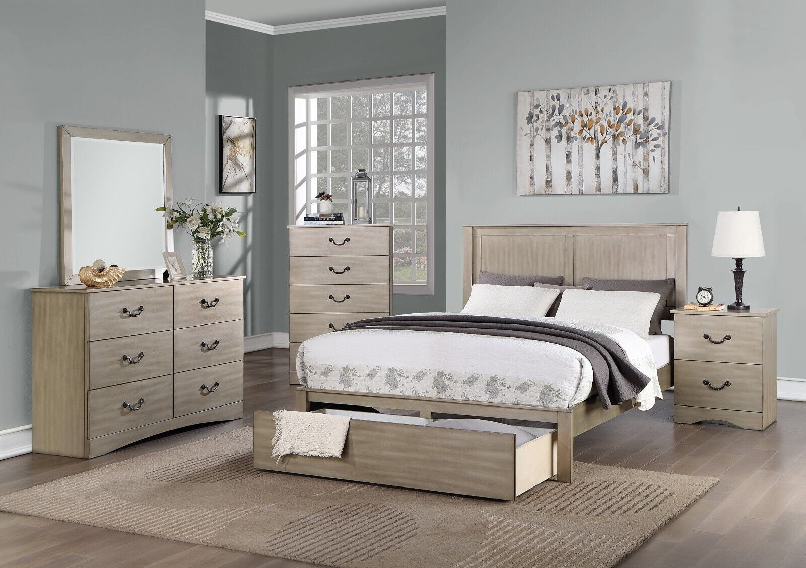 Bedroom Eastern King Size Bed 6pc Set Dresser Mirror Nightstands Chest ...