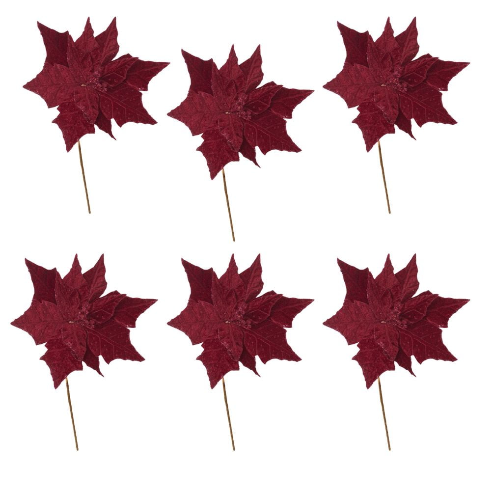 6pc Burgundy Velveteen Poinsettia Set - for Christmas Decor - Factory ...