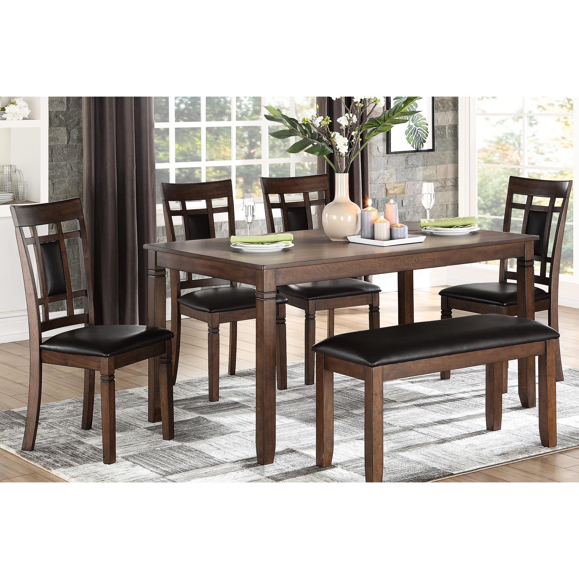 6pc Dining Room In Classic Cherry Finish - Table, Bench, 4 Chairs With ...
