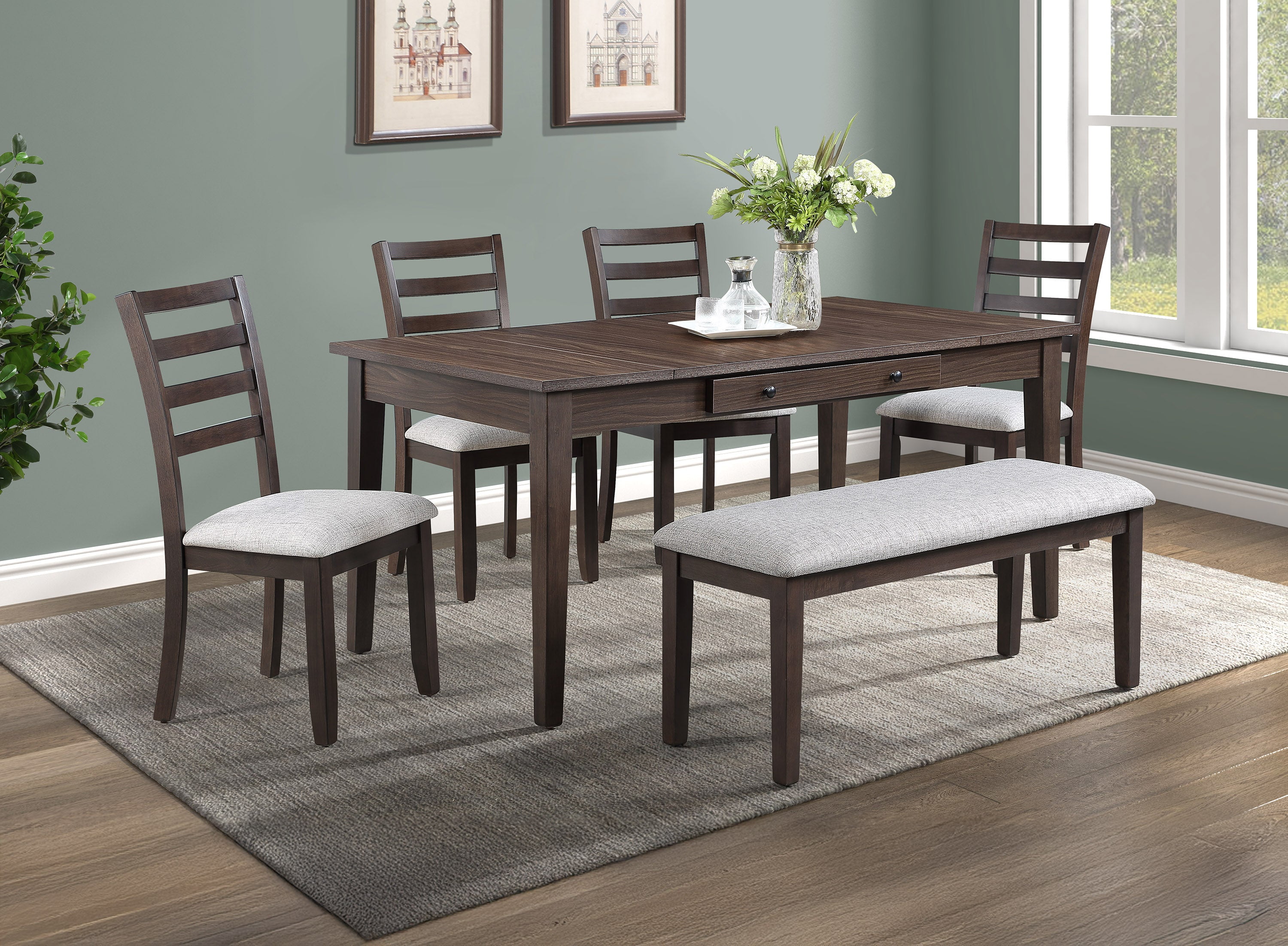 6pc Dining Set Storage Table Upholstered Chairs Bench Brown Finish ...