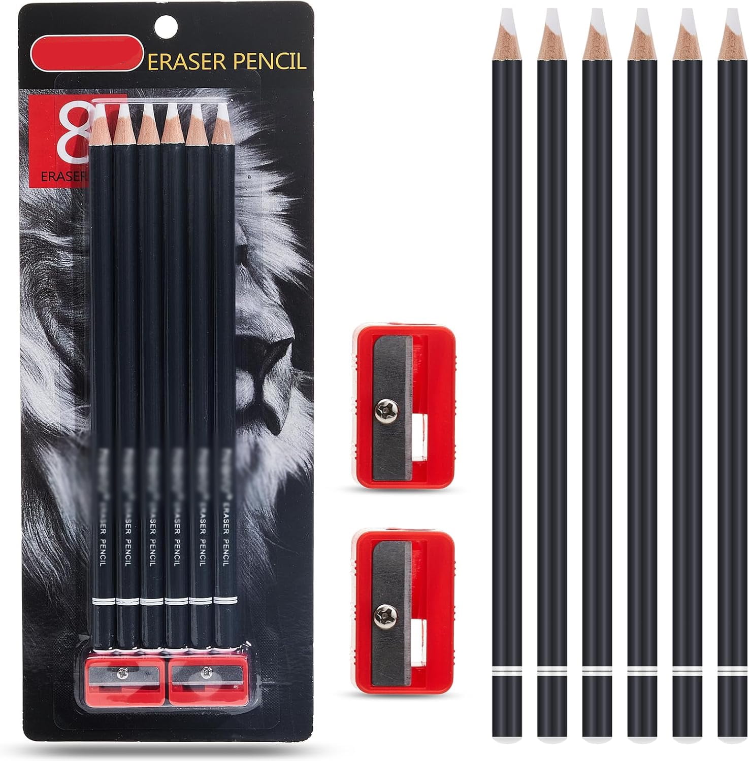 6pc Eraser Pencils and 2pc Sharpener, Fine Detail Eraser Erasing Small ...