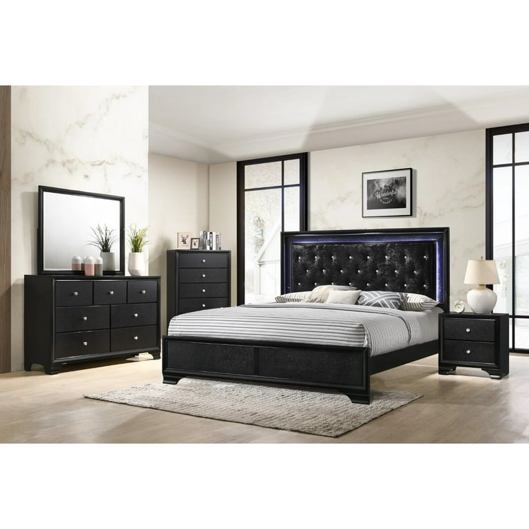 Esofastore 6 Piece Modern Glam Upholstered Fabric King Black
