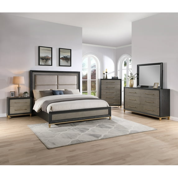 6pc Modern Master Bedroom Set Panel Queen Bed Upholstered Headboard Black Brown Finish - Walmart.com