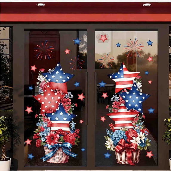 6pc Patriotic 4th of July Window Clings, Stars Stripes Balloon Basket ...