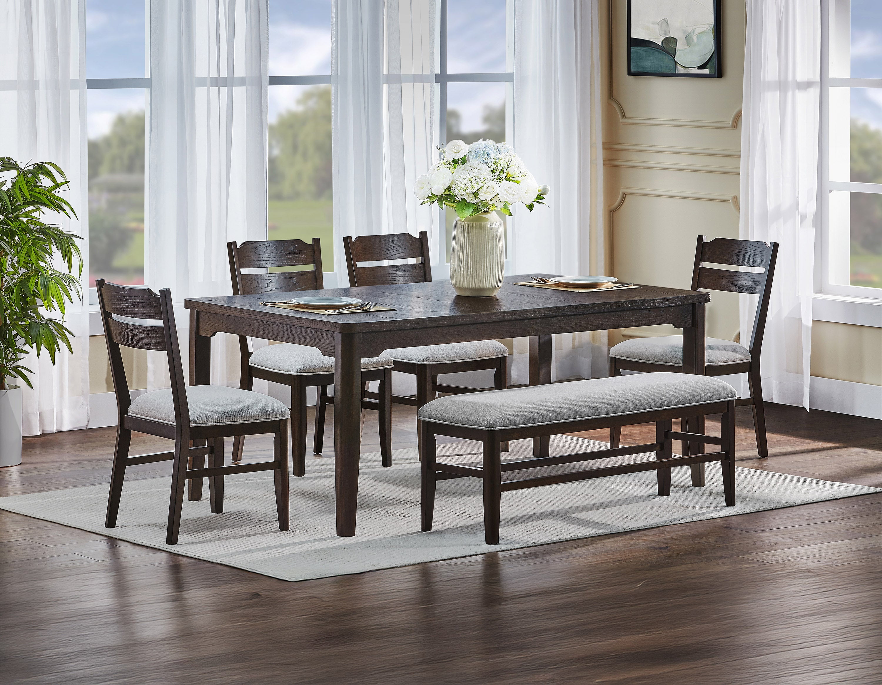 6pc Rich Dark Oak Finish Dining Set Table Upholstery Chairs Bench ...