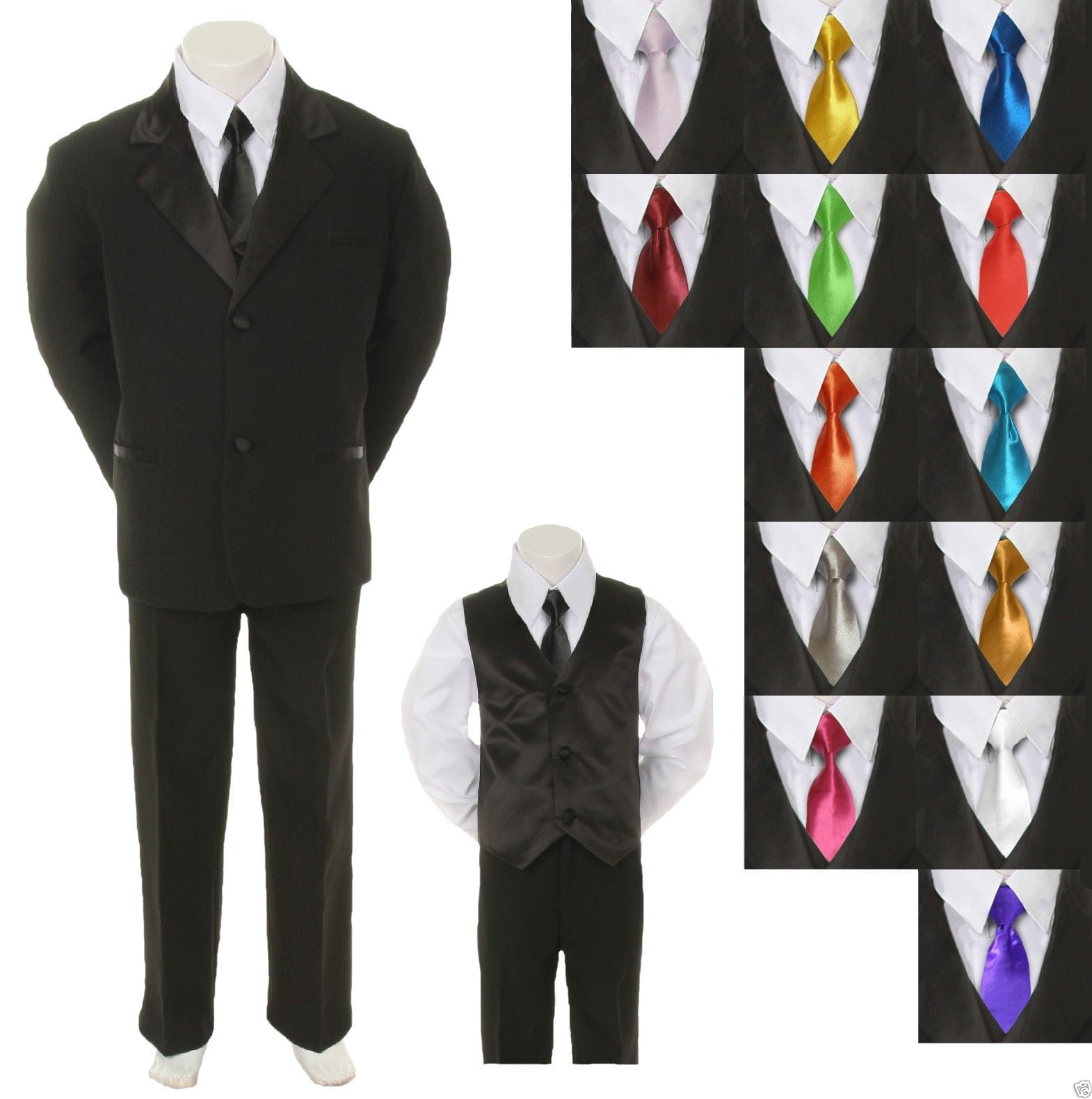 6pc Set Extra Satin Color Tie Baby Toddler Kid Boy Black Formal Suit ...