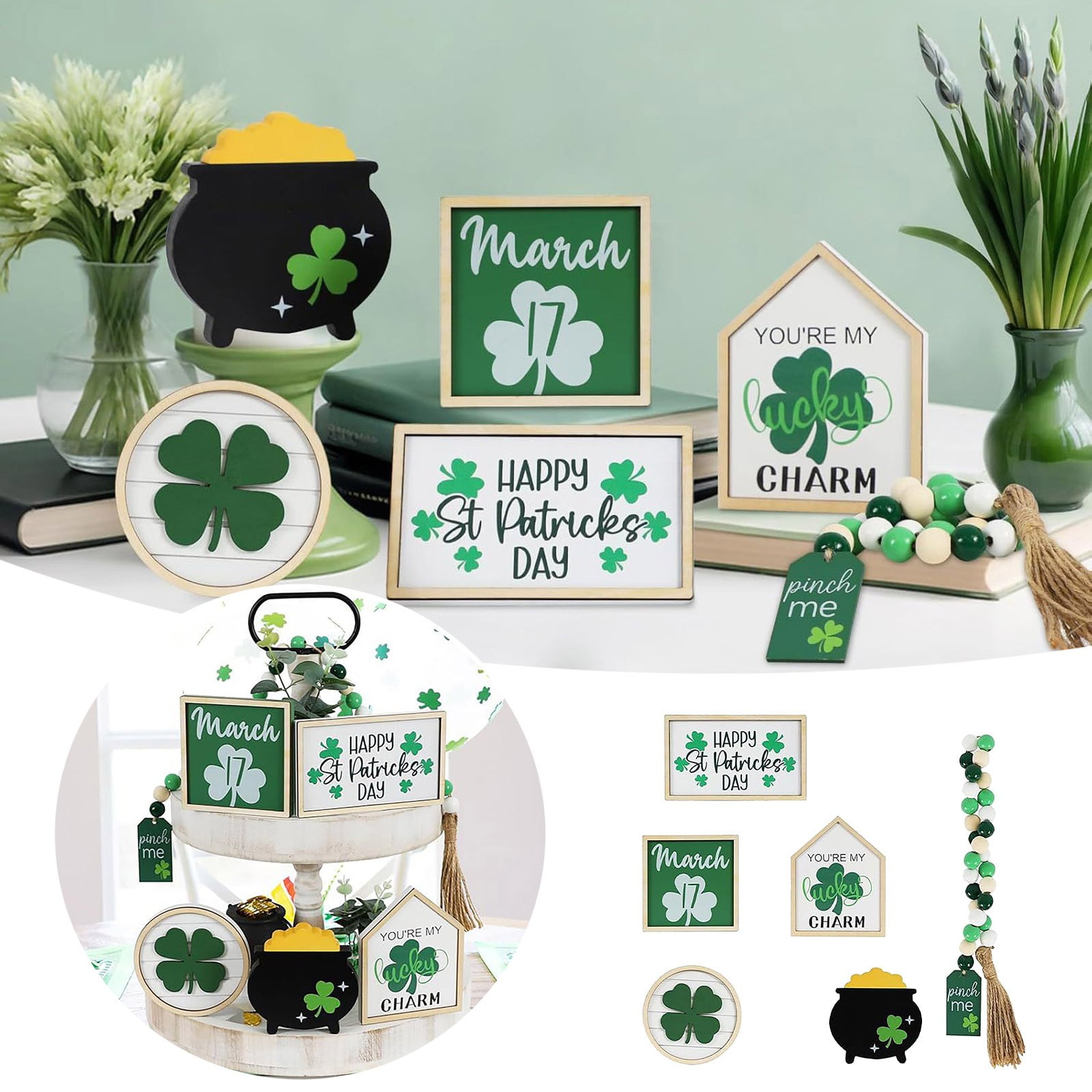 6pc St. Patricks Day Table Shamrock Decorations Irish Table Tiered Tray Shelf Decor Centerpiece ...